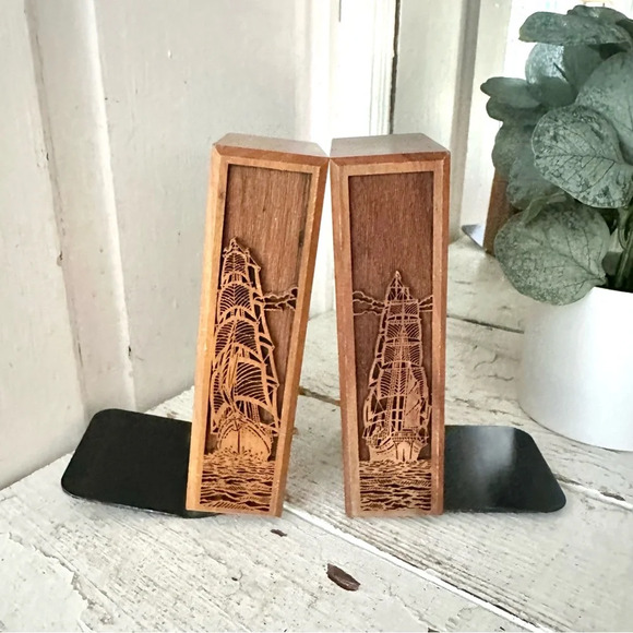 Accents | Vintage Solid Walnut Ship Nautical Bookends Laser Craft ...